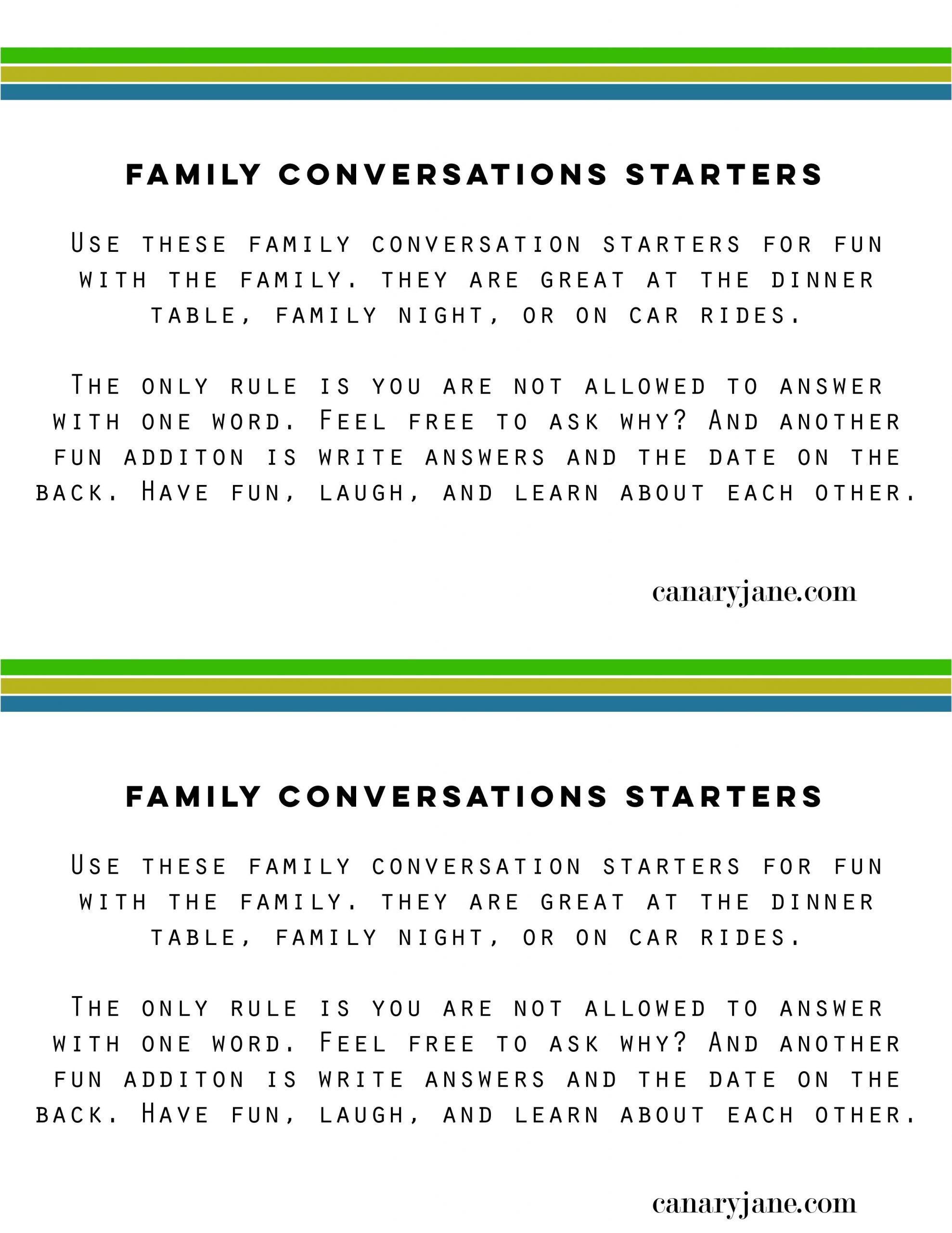 Family Conversation Starter Kit Free Printable Gift – Canary Jane